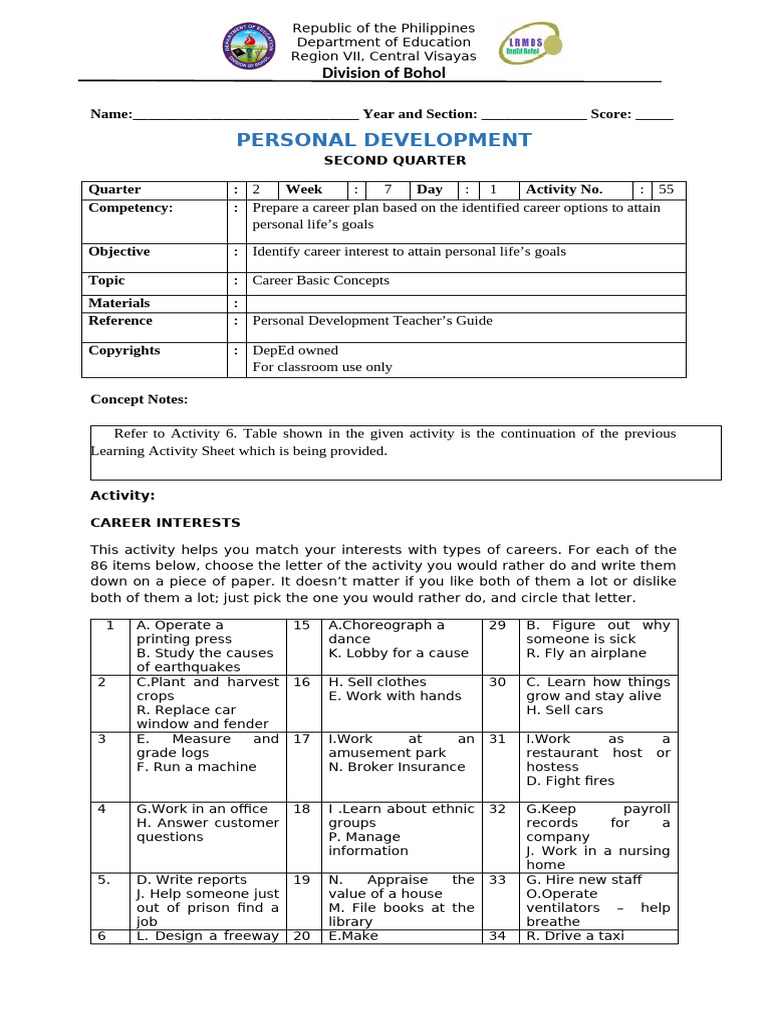 SHS - PERDEV - Q2 - Wk7 Act55-58 | PDF | Teachers