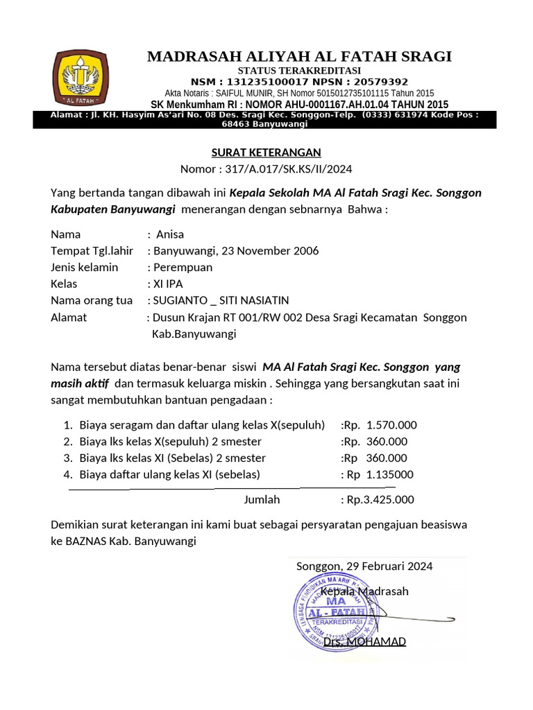 Contoh Surat Keterangan | PDF