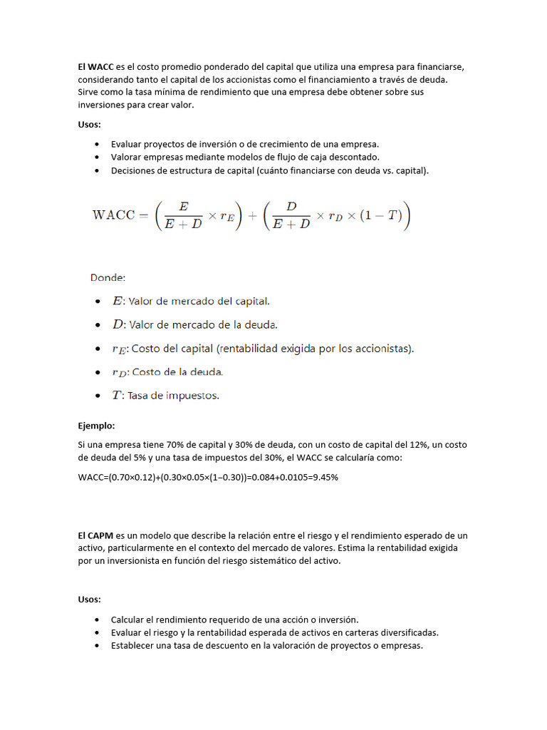 WACC, CAPM, ESCUDO FISCAL - Conceptos, Usos, Ejemplos, Tipos y Fórmulas. | PDF | Crecimiento ...