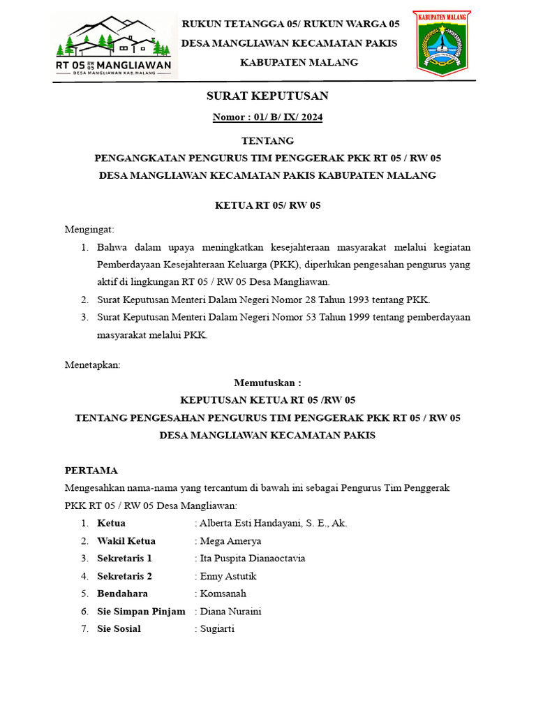SK Ketua RT 05 Utk Pengurus PKK RT 05 | PDF