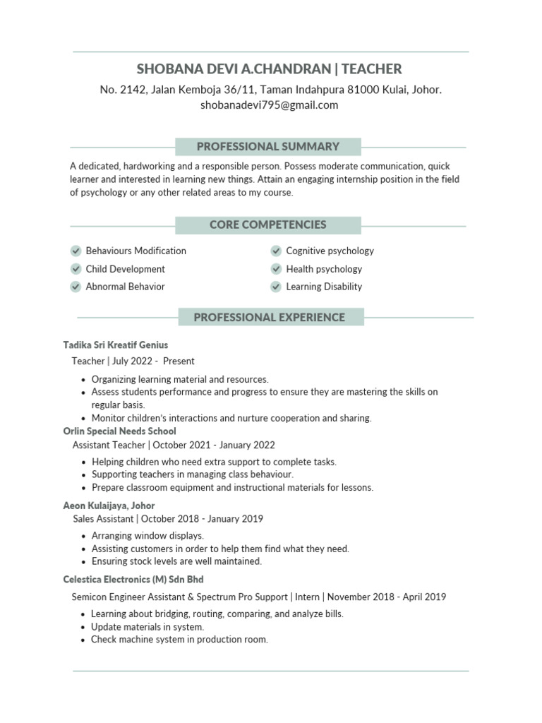 Shobana Devi Resume | PDF | Teachers | Learning