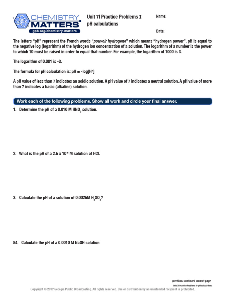 Unit 7i Practice Problems 1 - PH Calculations | PDF | Ph | Hydroxide