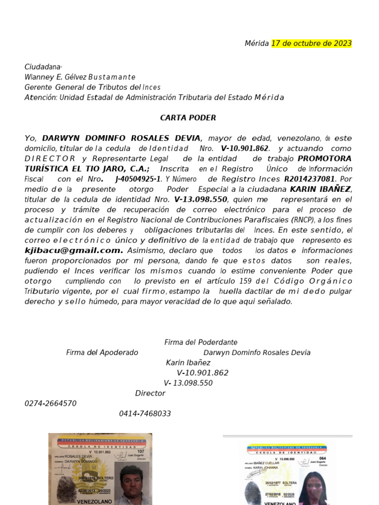 Carta Poder Inces | PDF | Documento de identidad | Gobierno