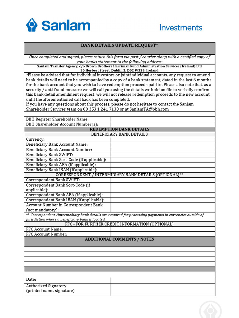 Bank Details Update Request Fillable | PDF