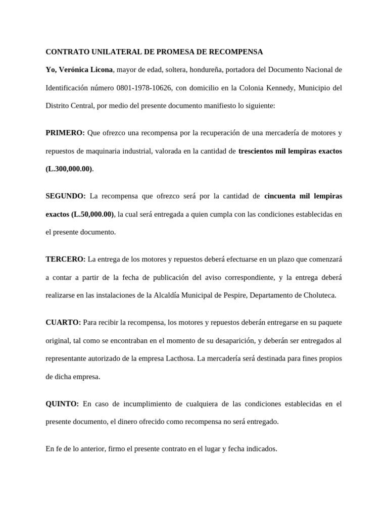Contrato Unilateral de Promesa de Recompensa | PDF