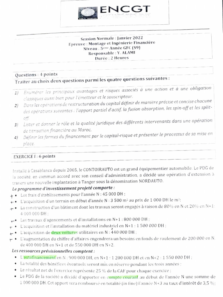 Épreuve de Montage Financier ENCGT 2022 | PDF | Obligation (Finance ...