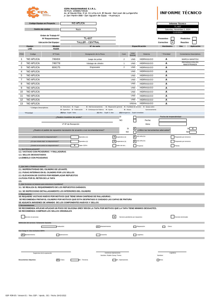 Informe Técnico de Mantenimiento LHD R1600 | PDF | Toyota