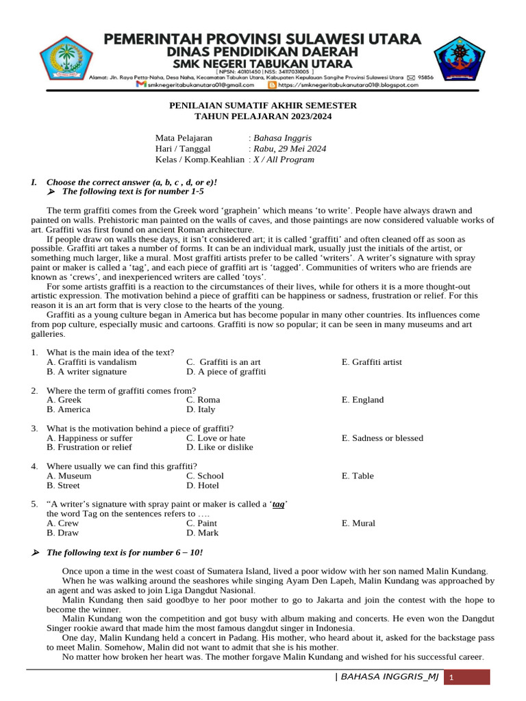 Soal PS B-Ing Genap Kelas X 2024 | PDF | Graffiti