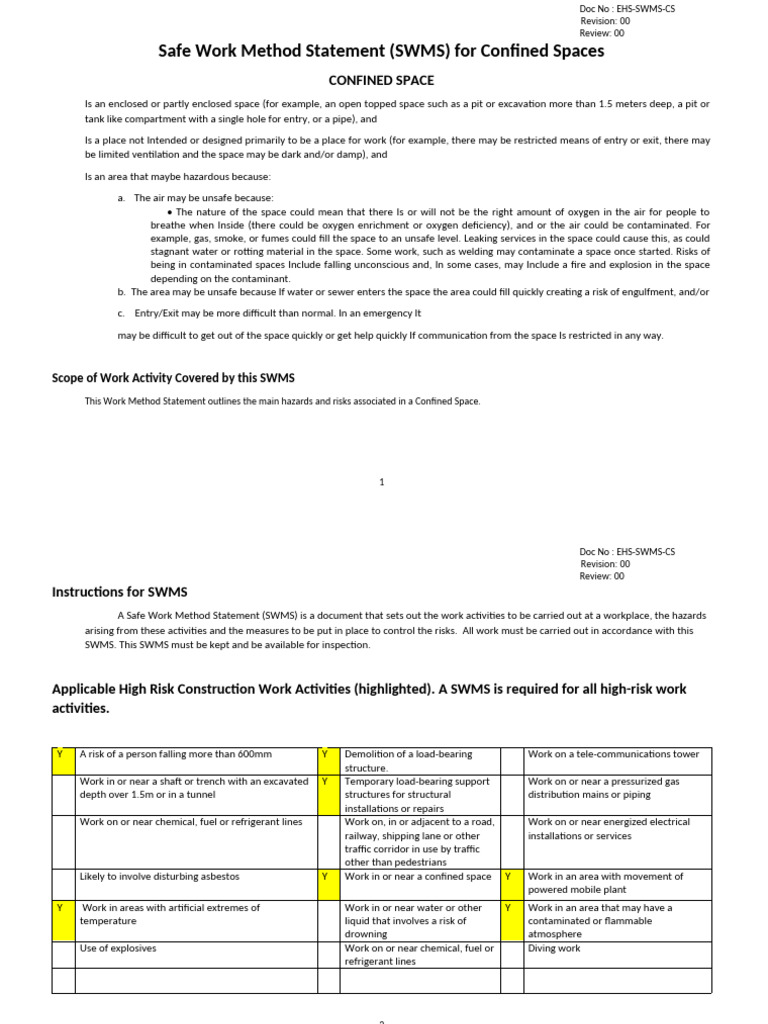 EHS - SWMS-CS Rev 00 Safe Work Method Statement Confined Space | PDF ...
