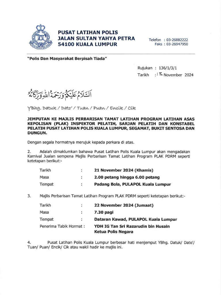 Surat Jemputan Karnival Dan Majlis Perbarisan Tamat Latihan Plak PDRM | PDF