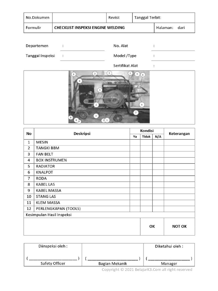 Form Check List Inspeksi Engine Welding | PDF
