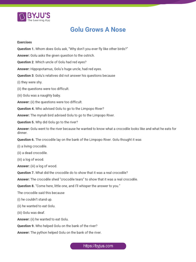 NCERT Solutions For Class 7 English Supplementary Chapter 5 Golu Grows A Nose | PDF