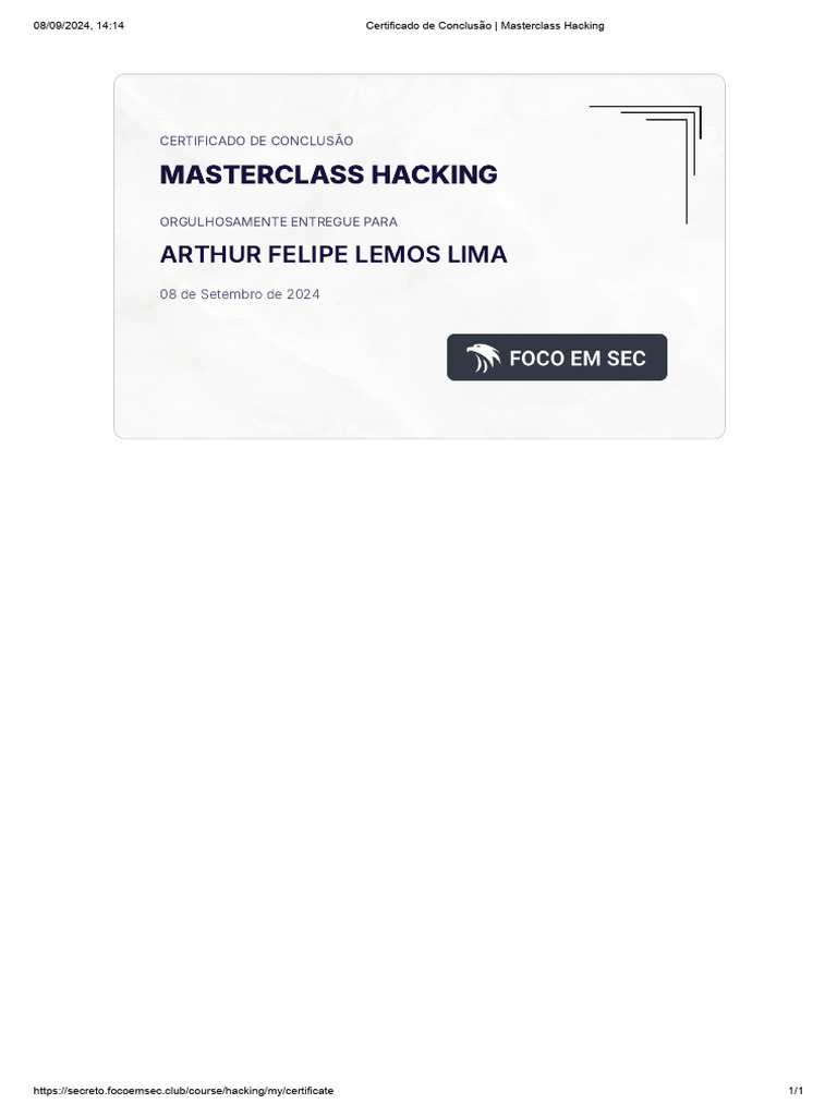 Certificado de Conclusão - Masterclass Hacking | PDF