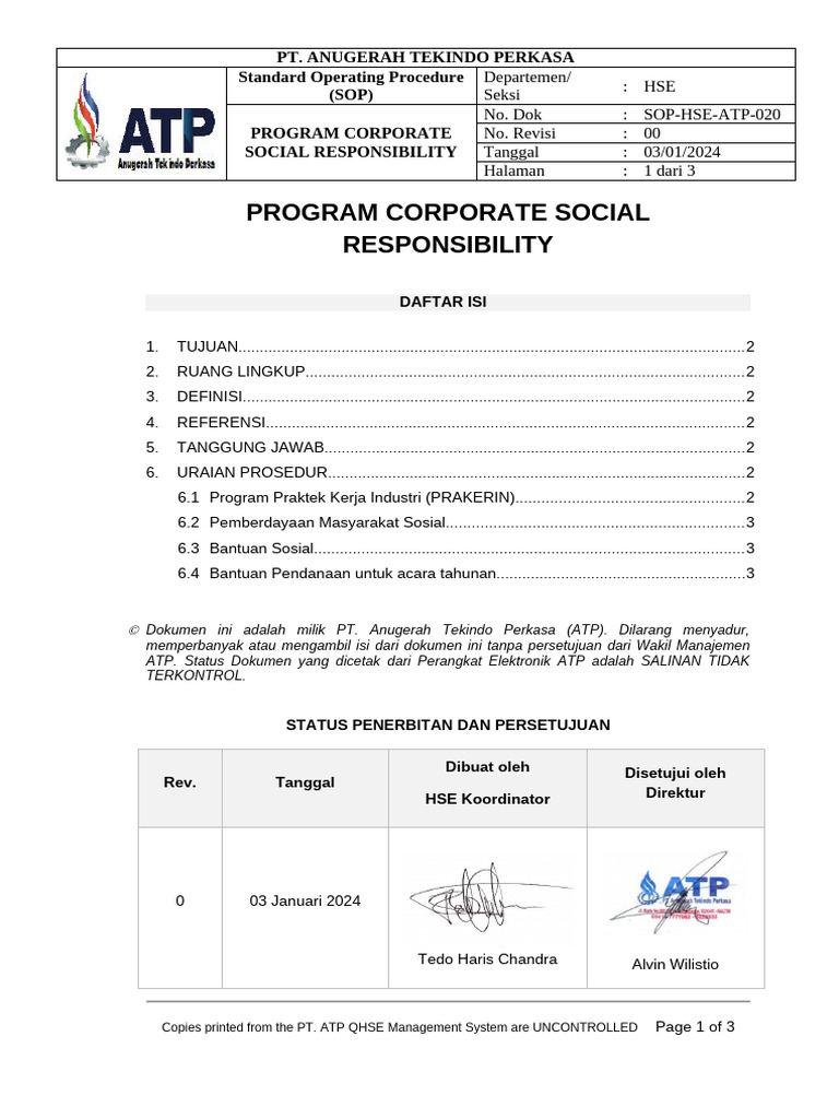 SOP-HSE-ATP-020 Prosedur Program CSR | PDF | Teknologi & Rekayasa
