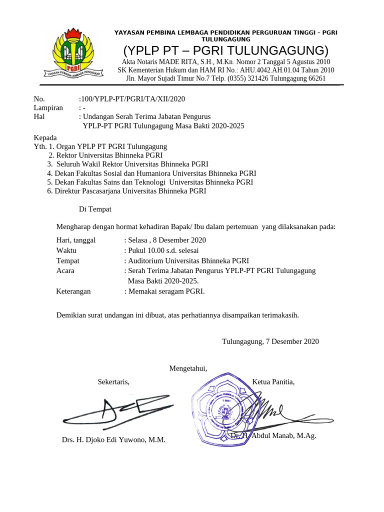 Undangan Serah Terima Jabatan Yplp PT Pgri Tulungagung | PDF