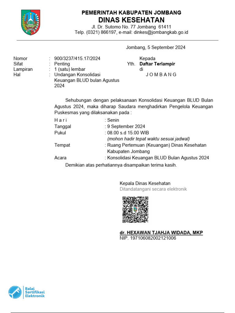 Undangan Konsolidasi Keuangan BLUD Bulan Agustus 2024 | PDF