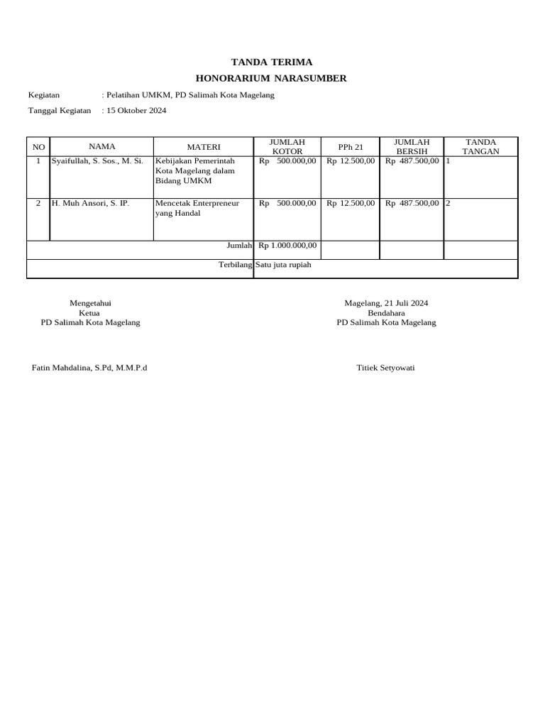 Tanda Terima Honor Narsum | PDF
