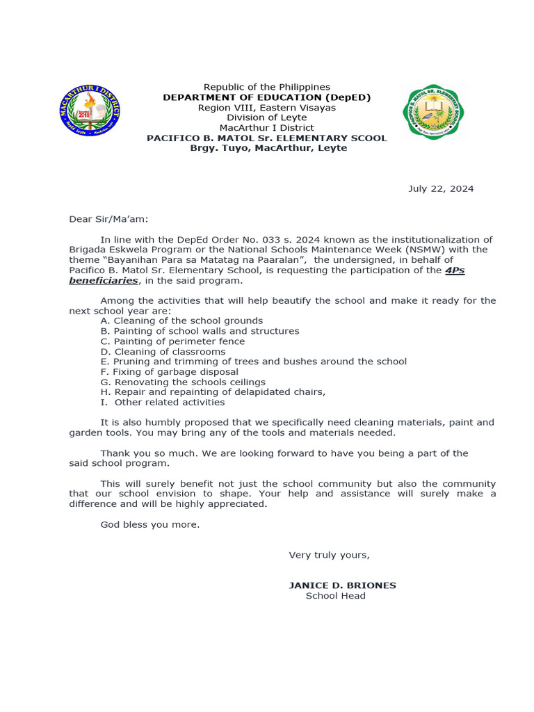 Brigada Eskwela Letter | PDF | Social Science