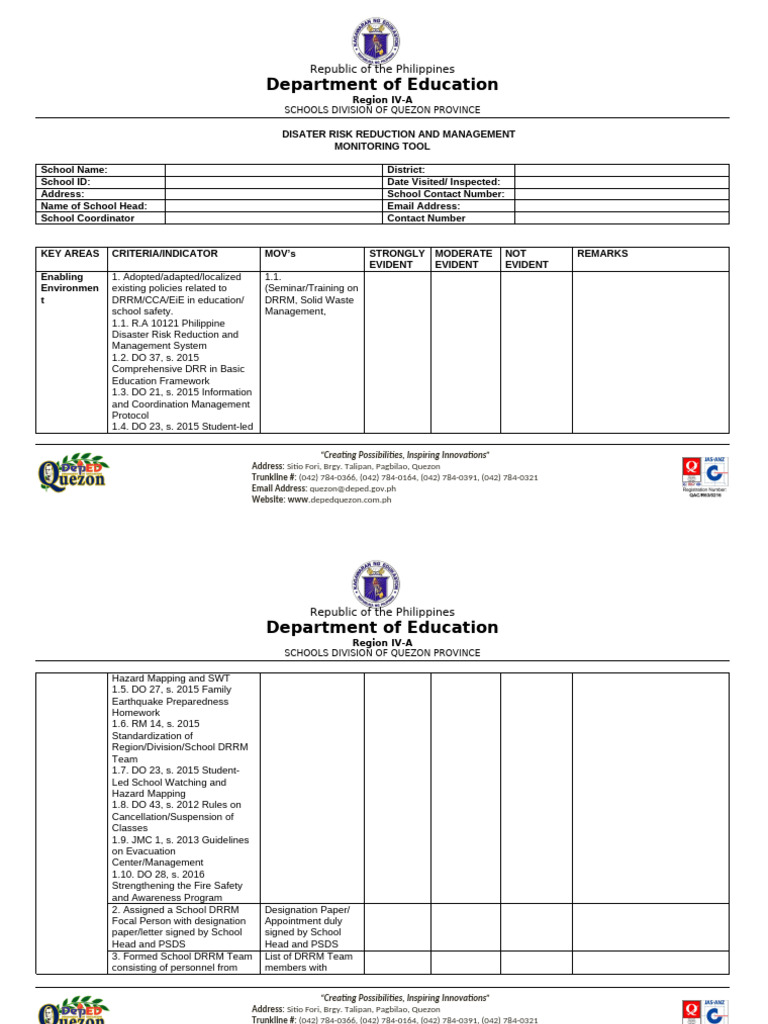 Monitoring Tool For School DRRM | PDF | Disaster Risk Reduction ...