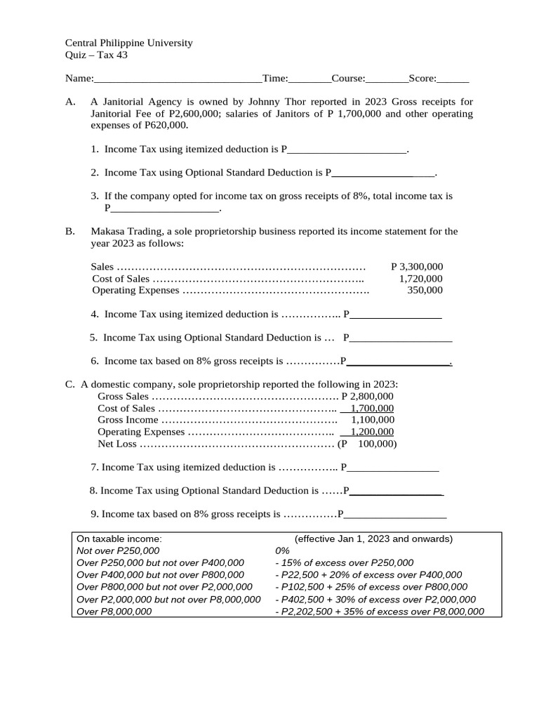 Quiz Tax On Business Income | PDF | Business | Finance & Money Management
