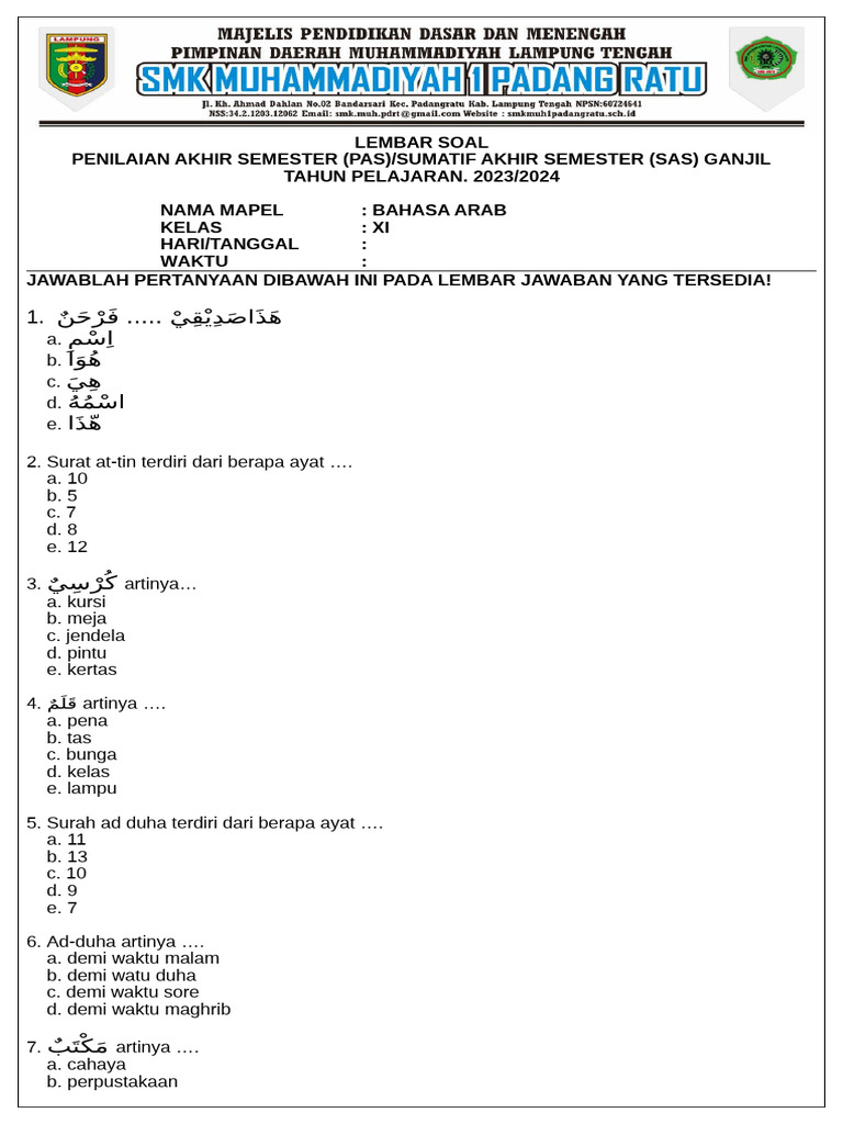 Soal Bahasa Arab Kelas Xi | PDF