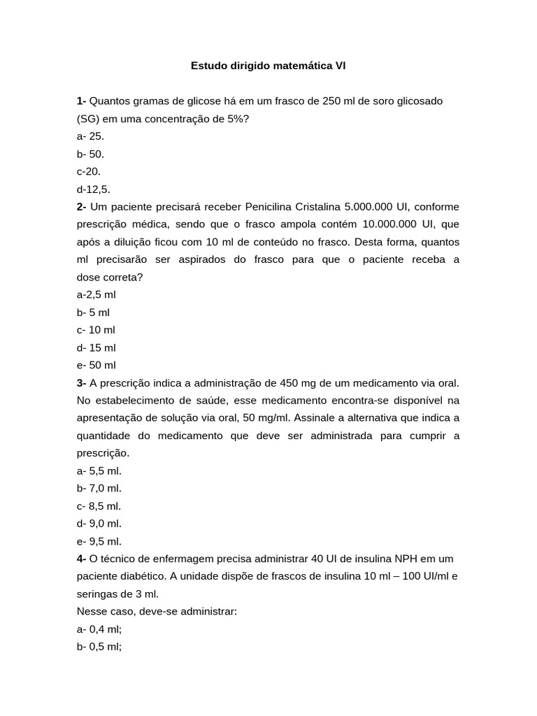 Estudo Dirigido Matemática VI Sem | PDF | Receita médica | Sistema de saúde