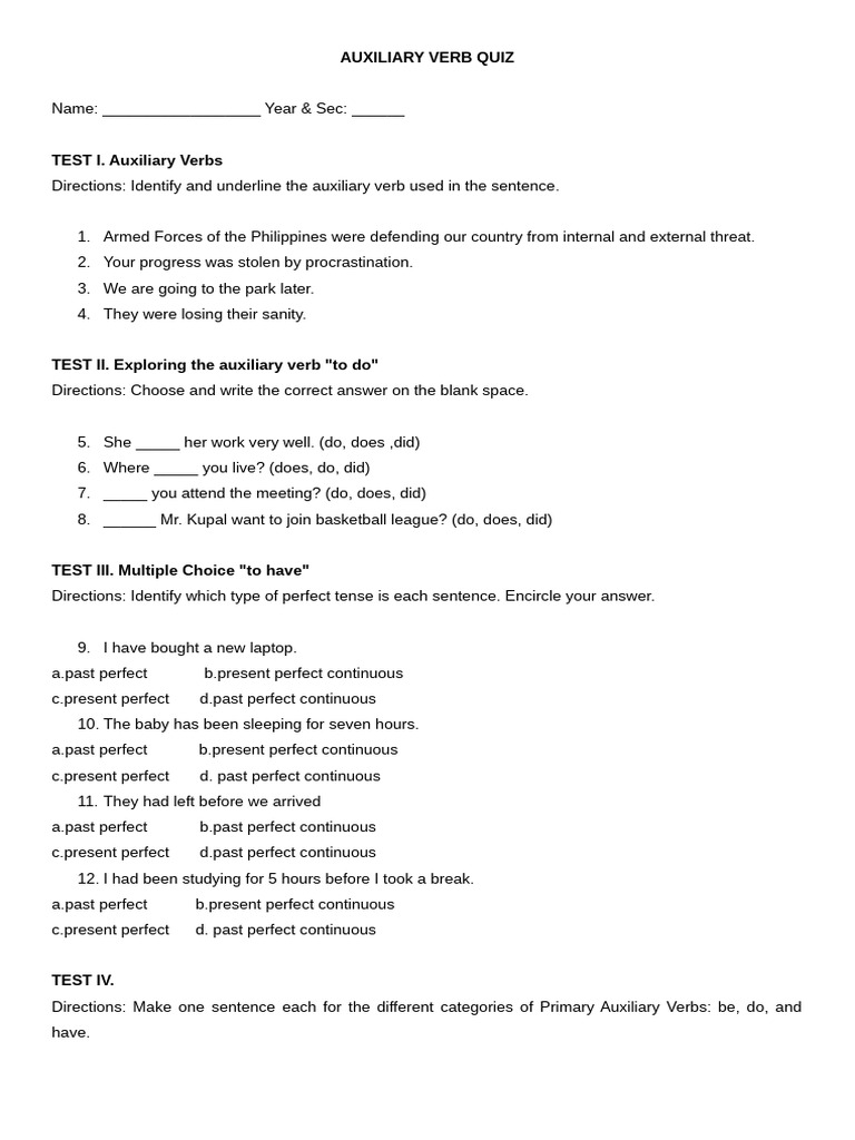 Auxiliary Verb Quiz | PDF | Language Arts & Discipline