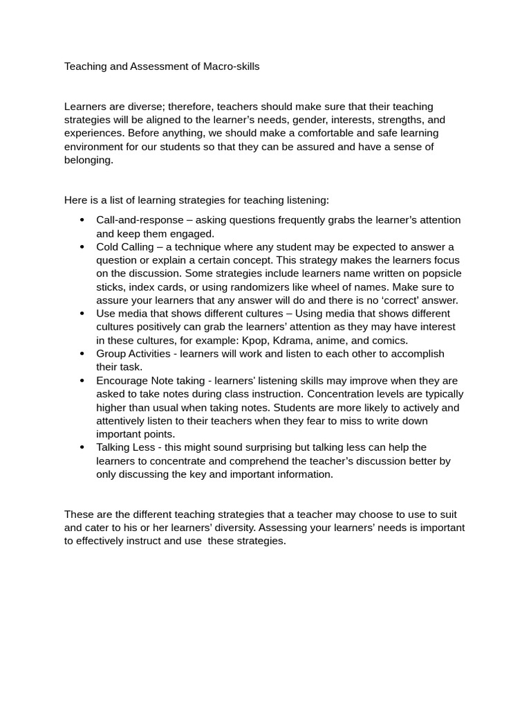 Macro-Skills, Strategies For Teaching Listening To Diverse Learners ...