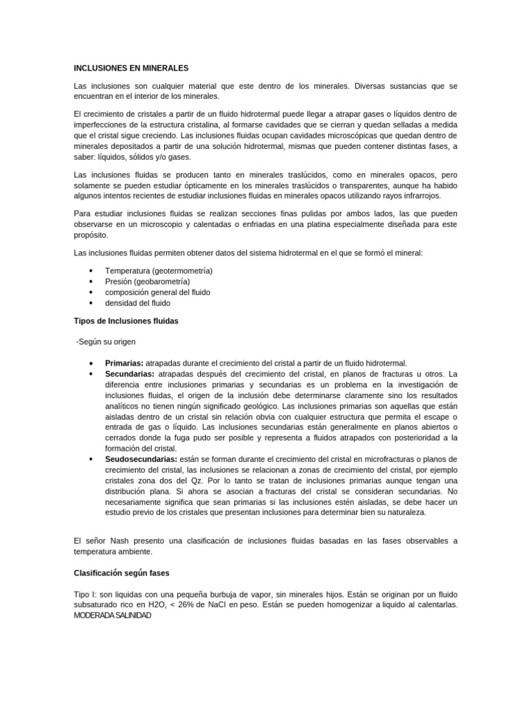 Inclusiones en Minerales: Tipos y Estudio | PDF | Minerales | Cristal