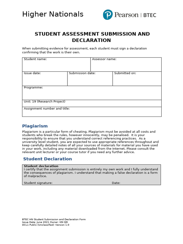 2024 Btec RP Student Assessment Submission and Declaration | PDF