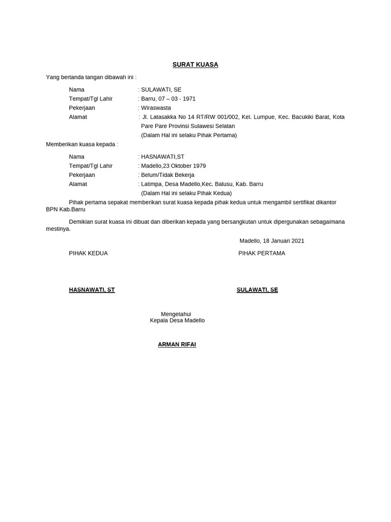 Surat Kuasa Pengambilan Sertifikat | PDF