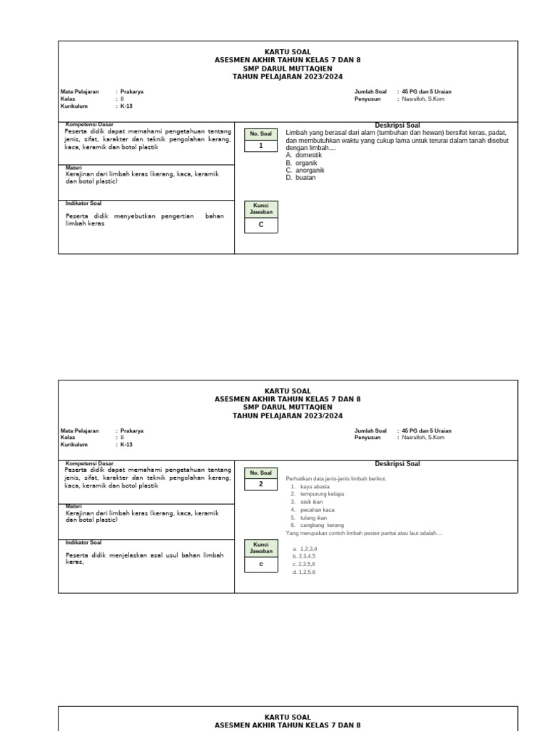Kartu Soal Asat - Prakarya - Kelas 8 - 2024 | PDF
