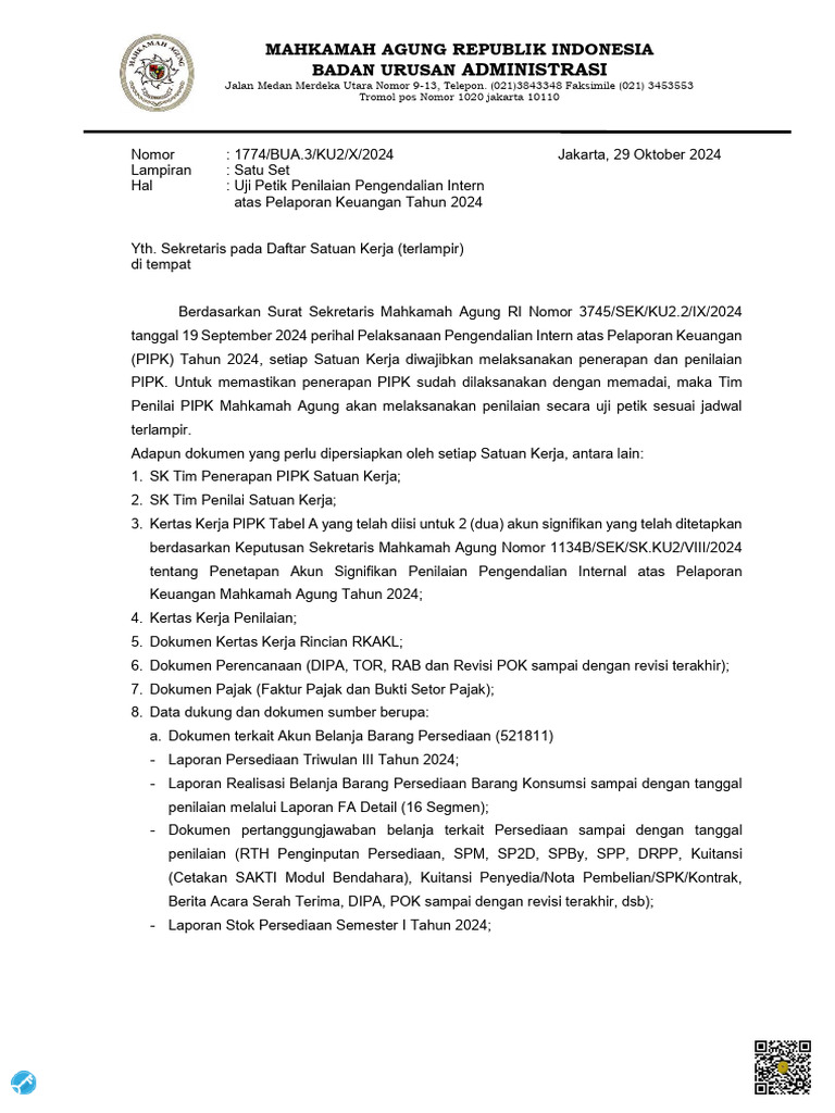 Uji Petik Penilaian PIPK 2024 | PDF