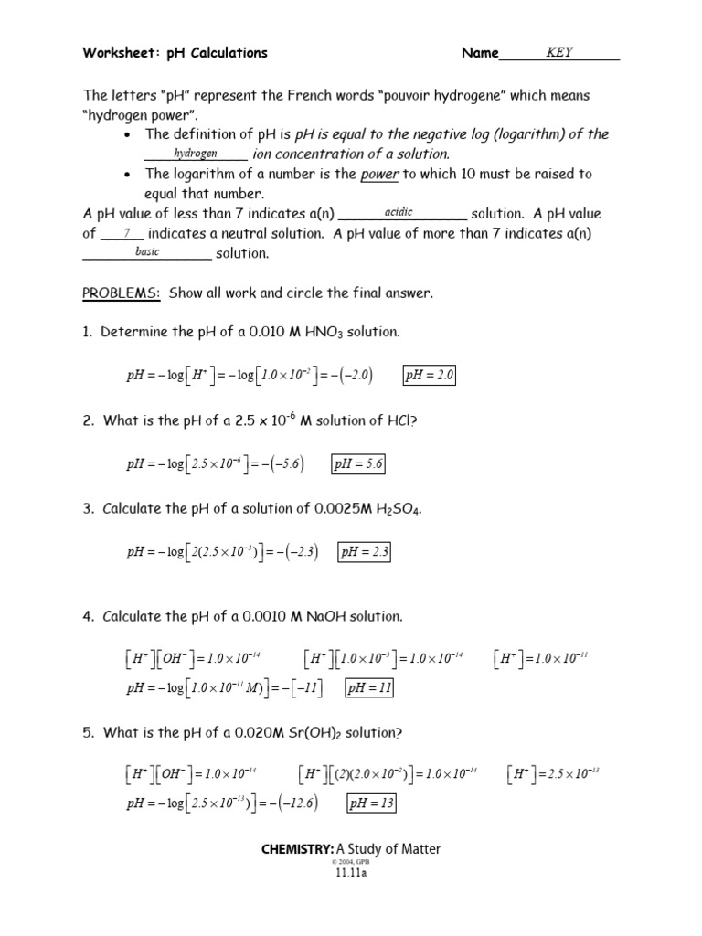 11ab PH Calculations Wkst-Key | PDF | Ph | Hydroxide