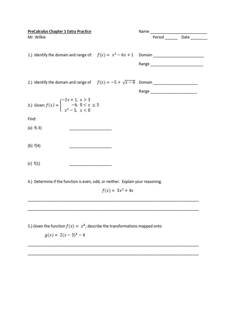 PreCalculus Chapter 1 Extra Practice | PDF