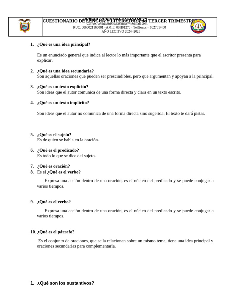 7mo Cuest Lengua 1er Trim | PDF | Predicado (Gramática) | Oración (Lingüística)