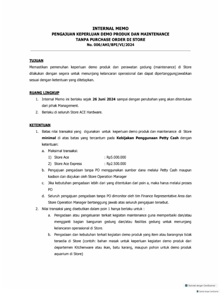 Internal Memo Demo Produk Dan Maintenance Tanpa Po | PDF