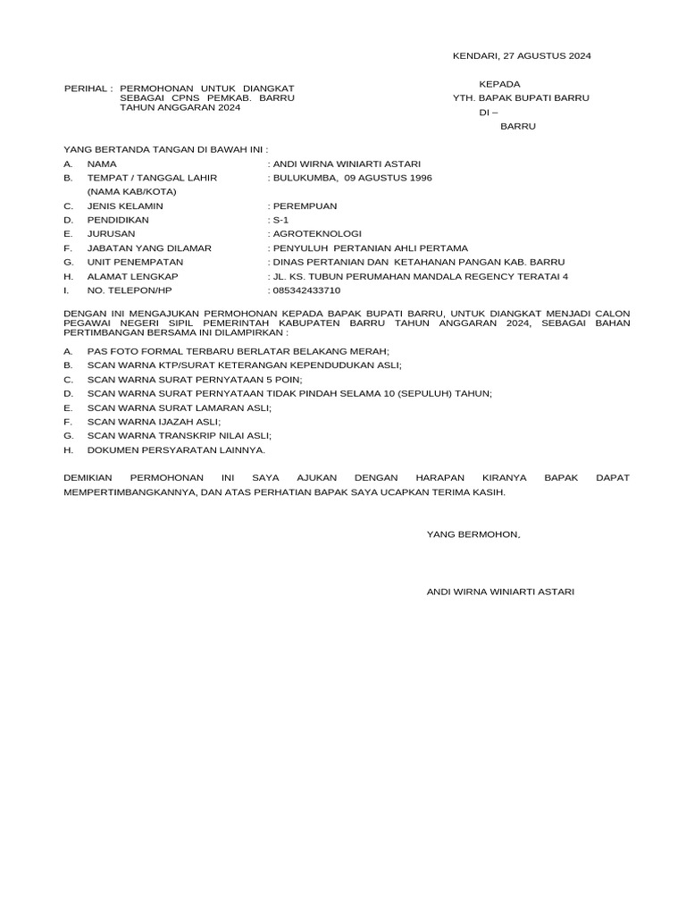 Surat Lamaran Wirna | PDF