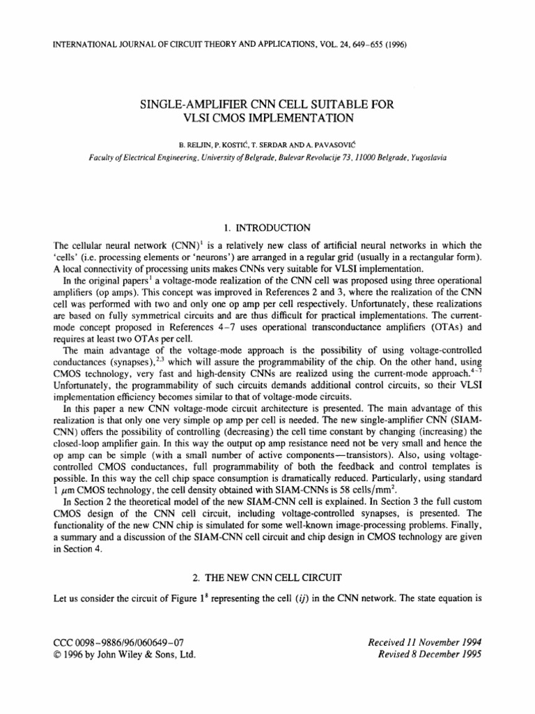 Single-Amplifier CNN Cell Suitable For VLSI CMOS Implementation ... Single-Amplifier CNN Cell Suitable For VLSI CMOS Implementation ...
