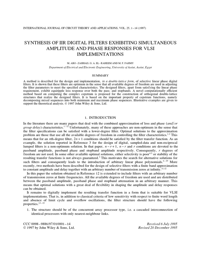 Synthesis of Iir Digital Filters Exhibiting Simultaneous Amplitude and Phase Responses For Vlsi ...