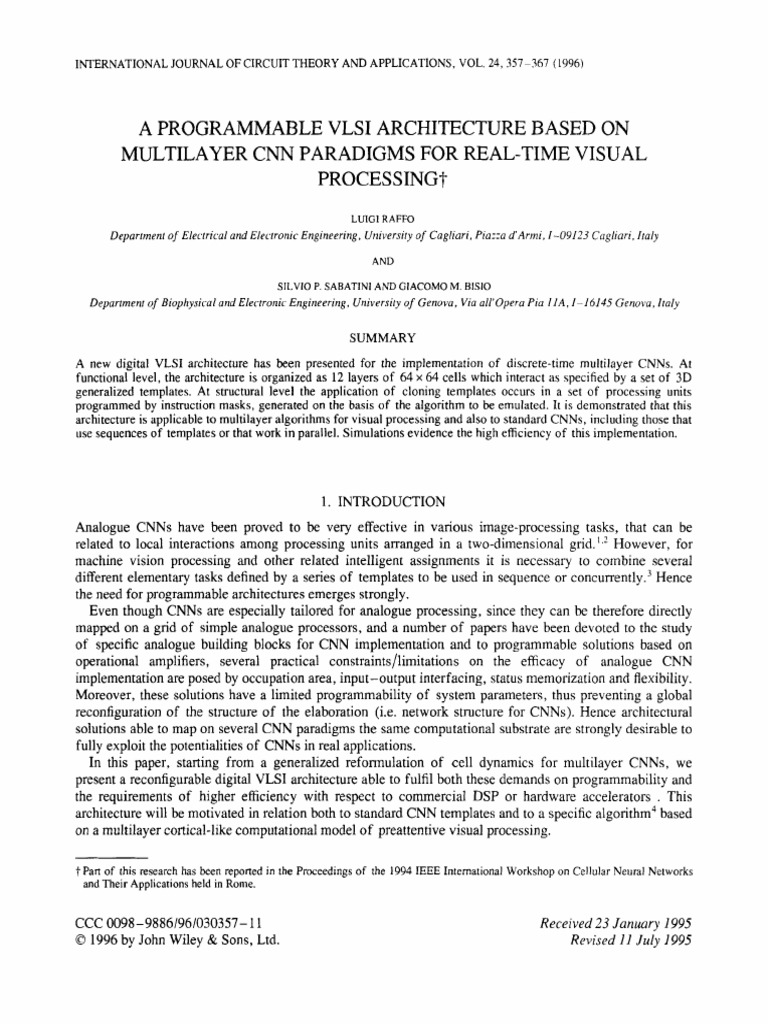 A Programmable Vlsi Architecture Based ON Processing? Multilayer CNN Paradigms For Real-Time ...