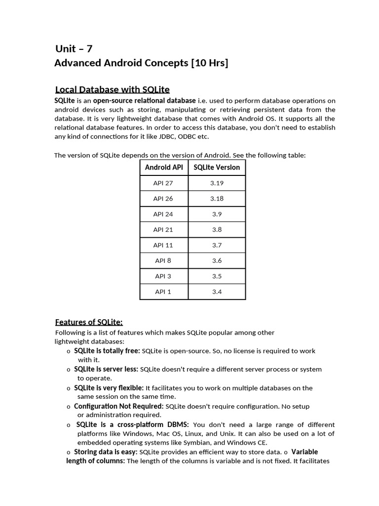 Unit - 7 Advanced Android Concepts | PDF | Sql | Databases