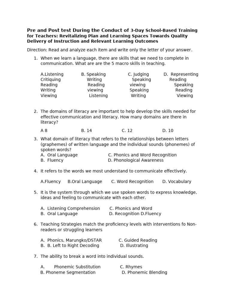 Pre and Post Test For Mid-Year INSET | PDF | Phonics | Learning