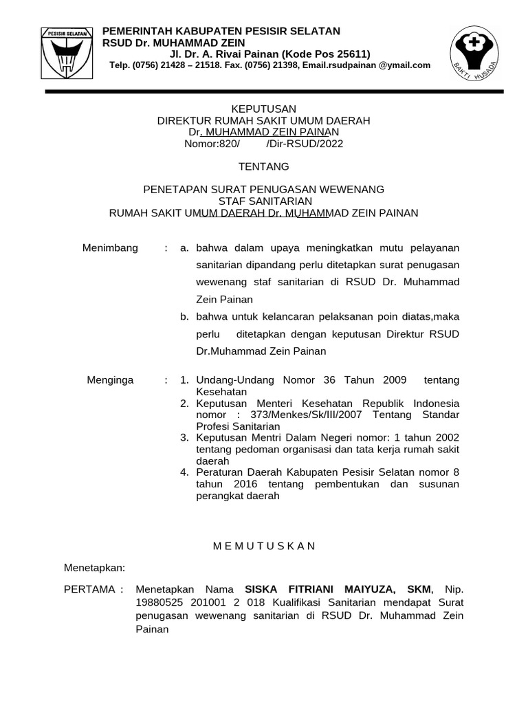 Penetapan Wewenang Staf Sanitarian RSUD | PDF