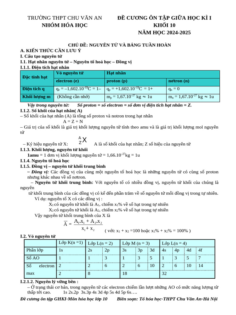 HÓA 10 - Đề Cương GK1 | PDF