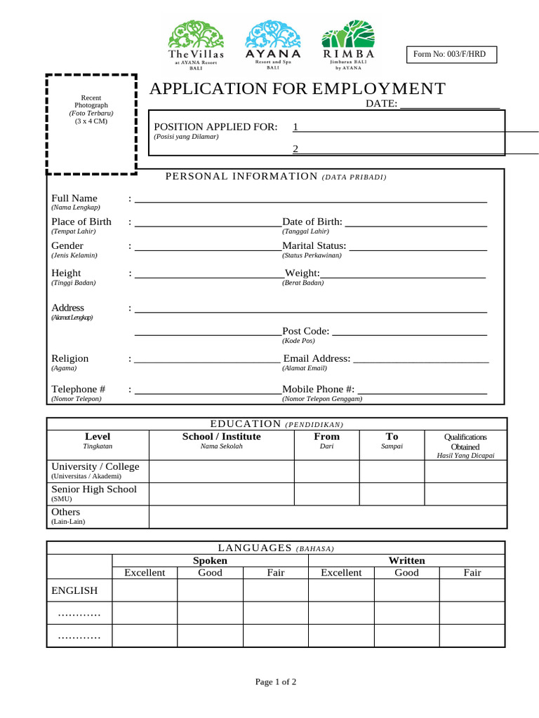 003-F-HRD-Application For Employment | PDF
