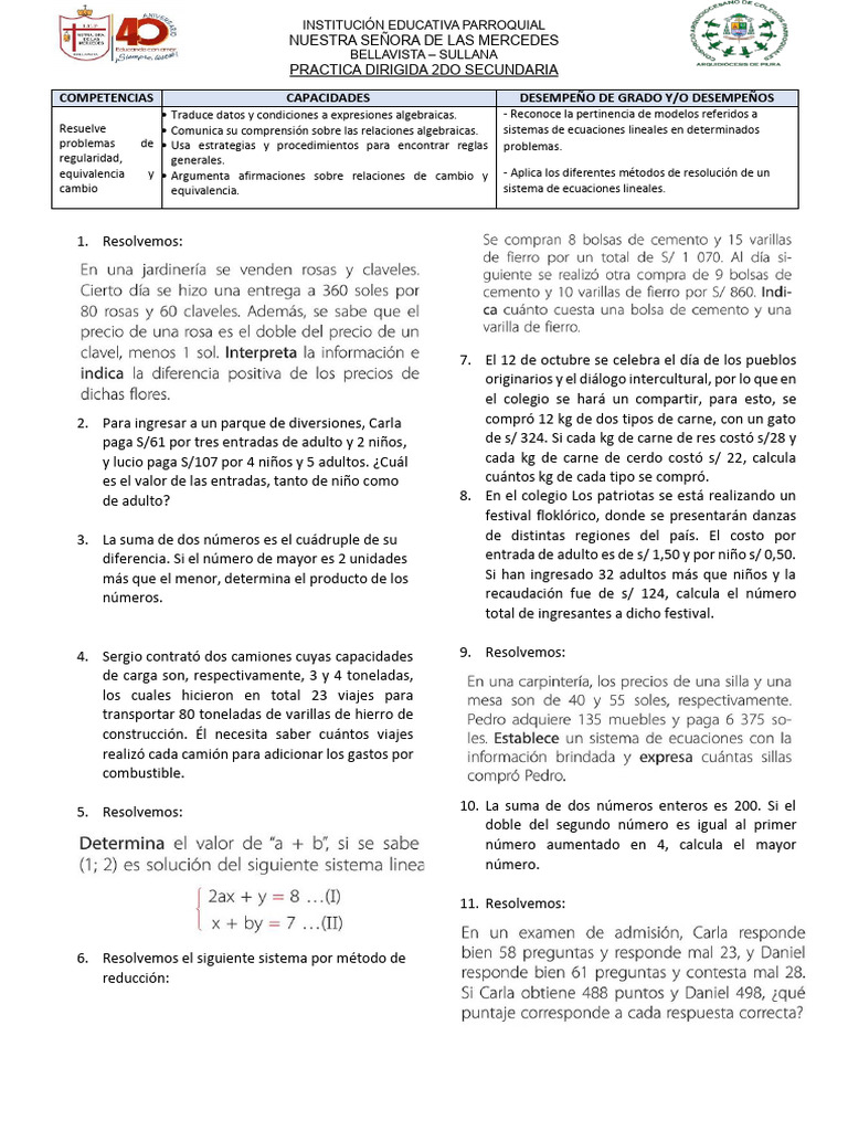 Ficha de Trabajo Ecuaciones Lineales 2do Sec | PDF | Ecuaciones | Matemáticas