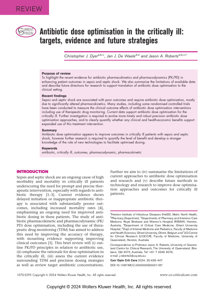 Antibiotic Dose Optimisation in The Critically Ill Targets, Evidence ...