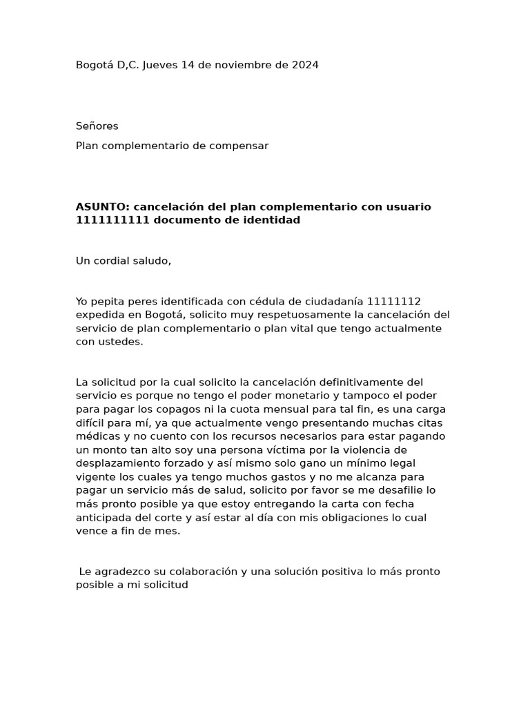Cancelación Plan Vital Compensar | PDF