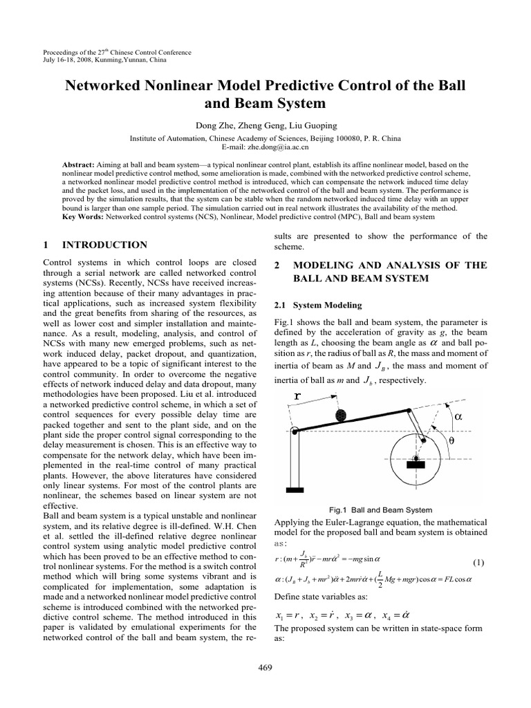 Networked Nonlinear Model Predictive Control Of The Ball And Beam System Pdf Nonlinear 